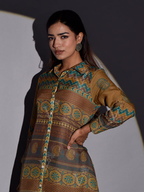 Buy Brown and Green Vasansi Silk Printed Co Ord Set Online – Vasansi Jaipur