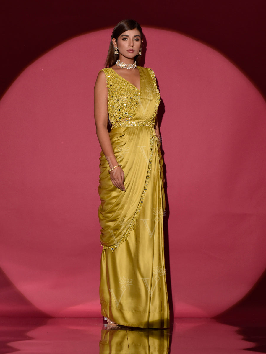 Buy Yellow Satin Silk Drape Saree Online – Vasansi Jaipur