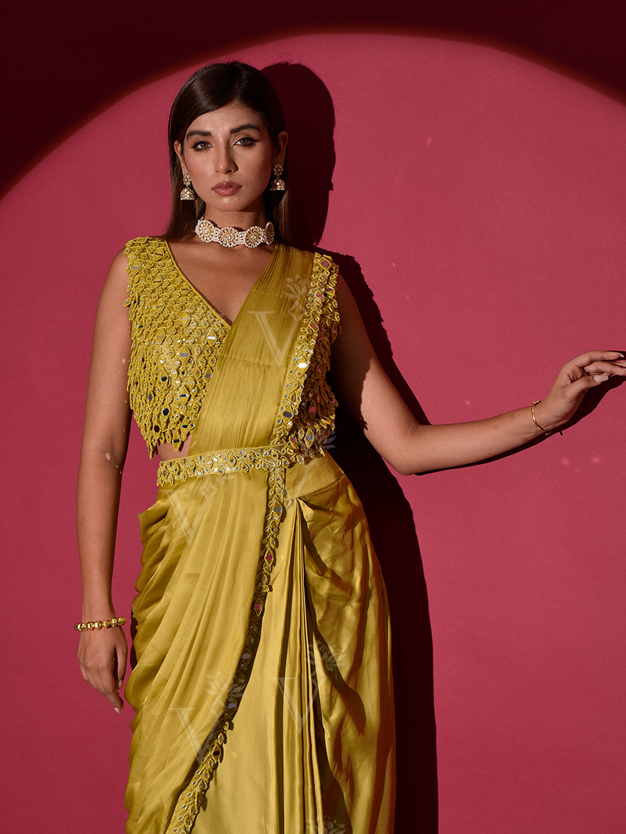 Buy Yellow Satin Silk Drape Saree Online – Vasansi Jaipur