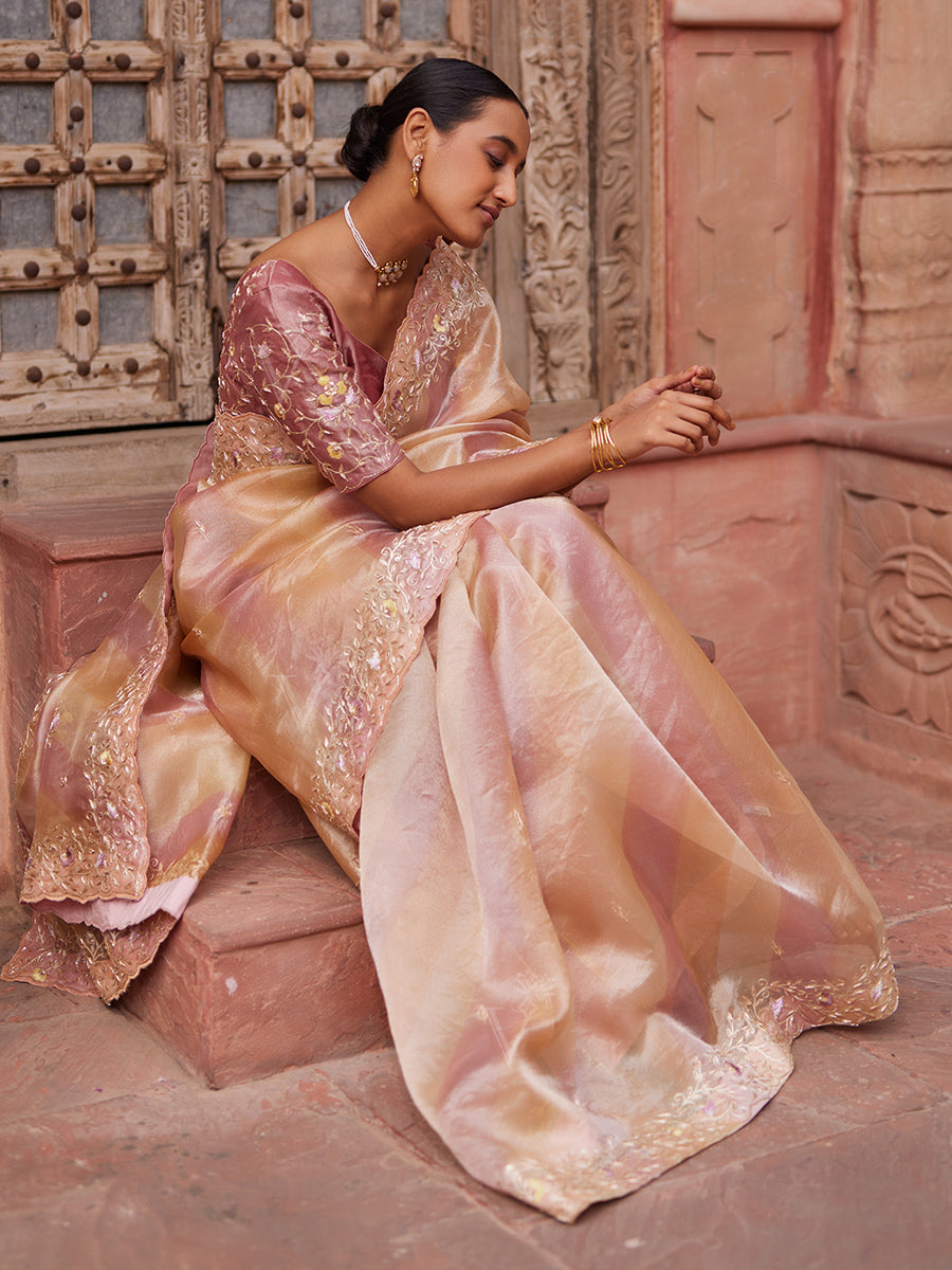 Buy Pink and Peach Tissue Zardozi Saree Online – Vasansi Jaipur