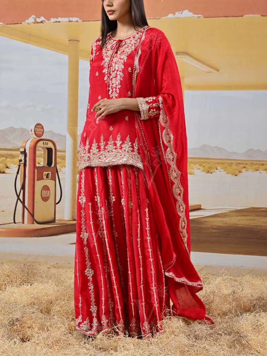 Buy Red Wrinkle Crepe Embroidered Kurta and Garara Set Online | Vasansi ...