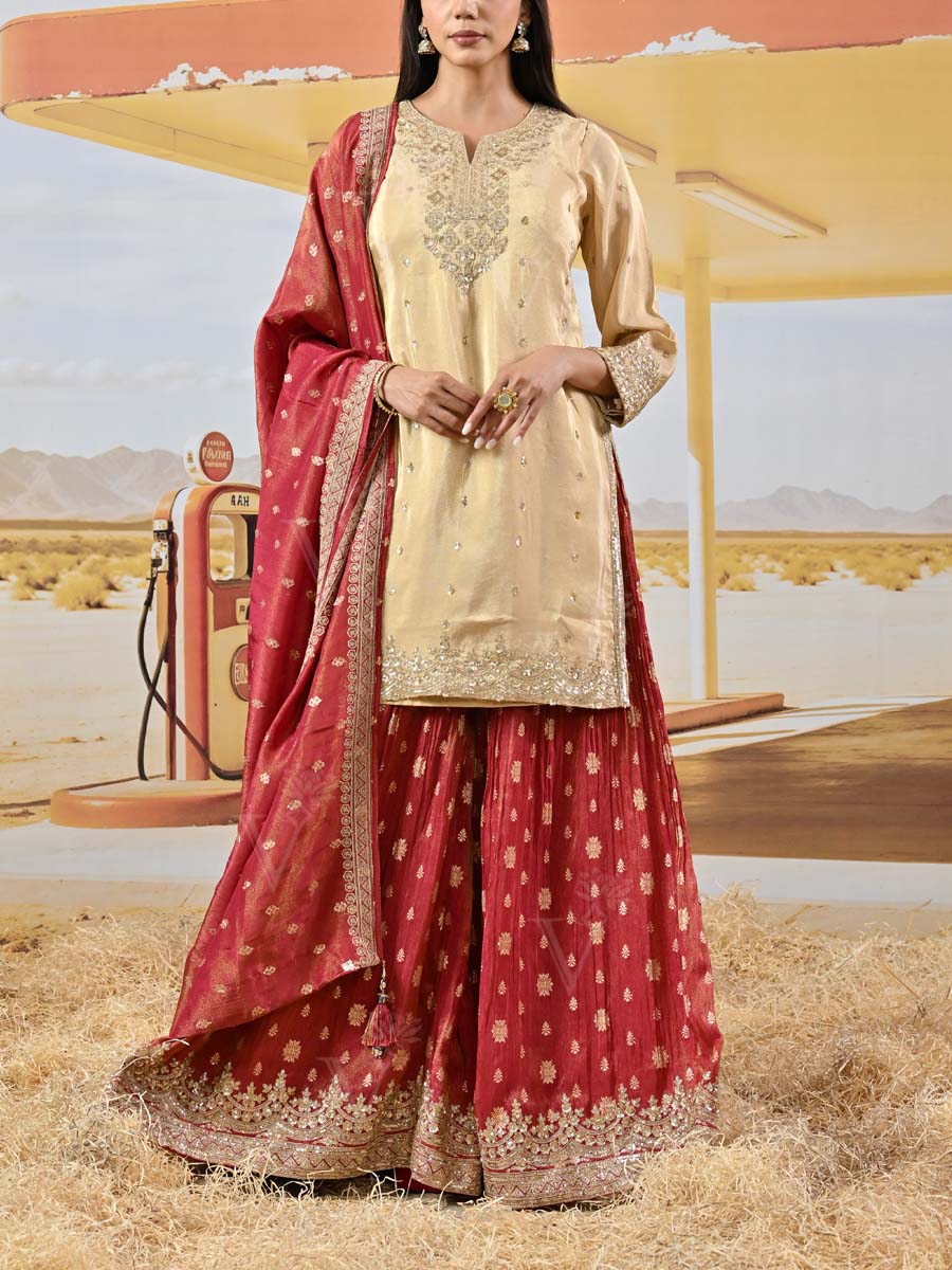 Buy Cream and Onion Pink Tissue Shimmer Embroidered Kurta and Garara ...