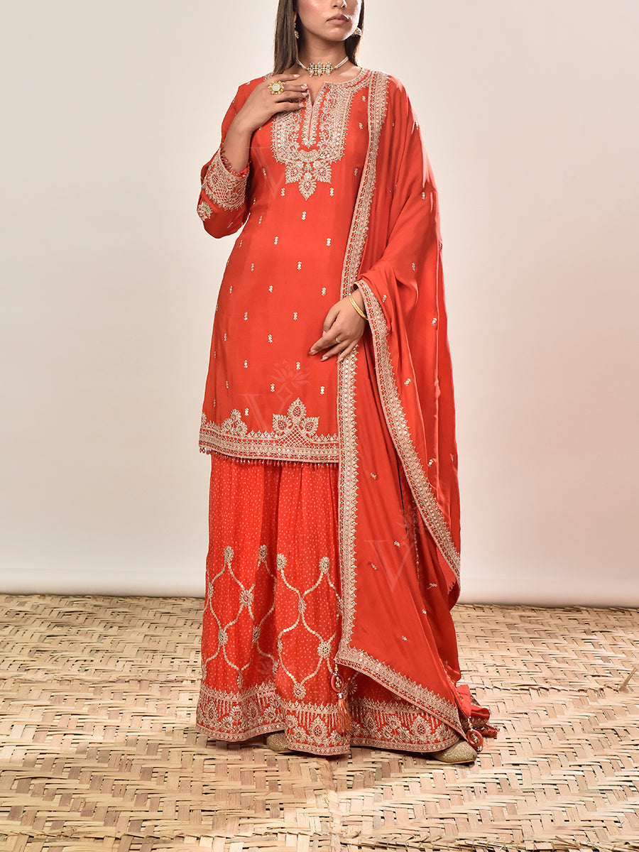 Buy Orange Embroidered Wrinkle Crepe Kurta and Garara Set Online ...