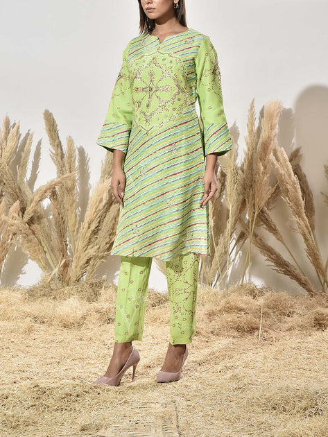 Buy Green Embroidered Vasansi Silk Leheriya Kurta and Pant Set Online ...
