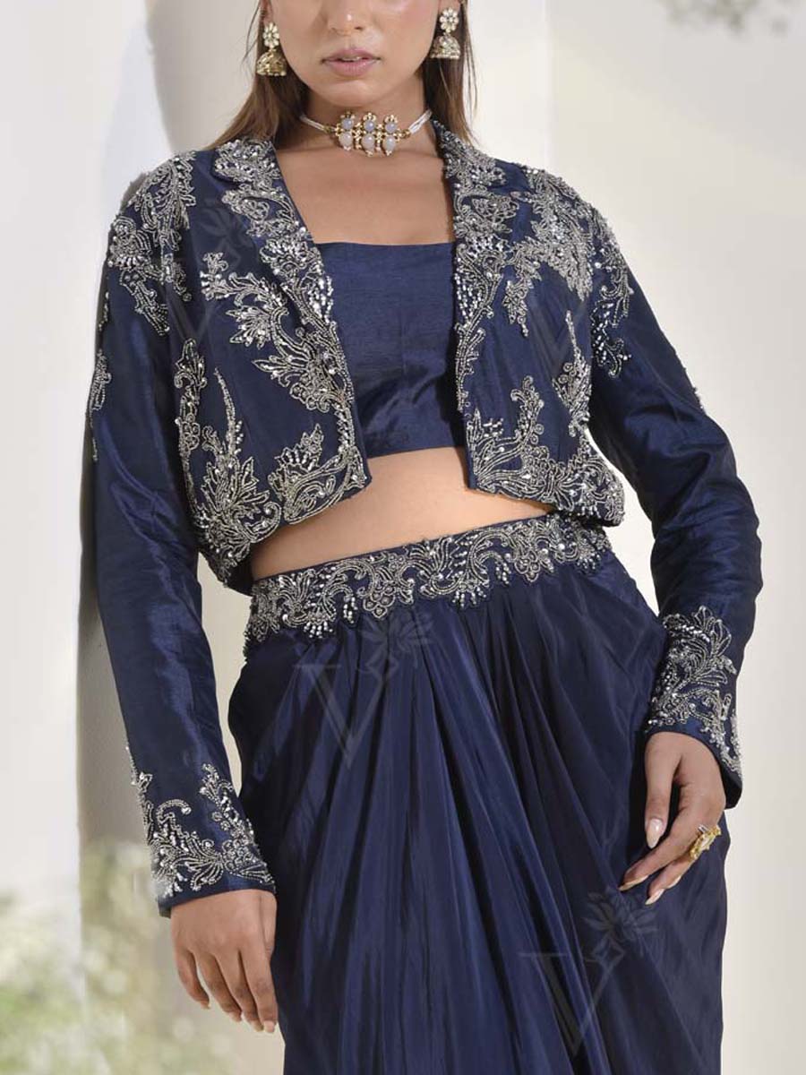 Buy Midnight Blue Jacket and Drape Skirt Set Online – Vasansi Jaipur